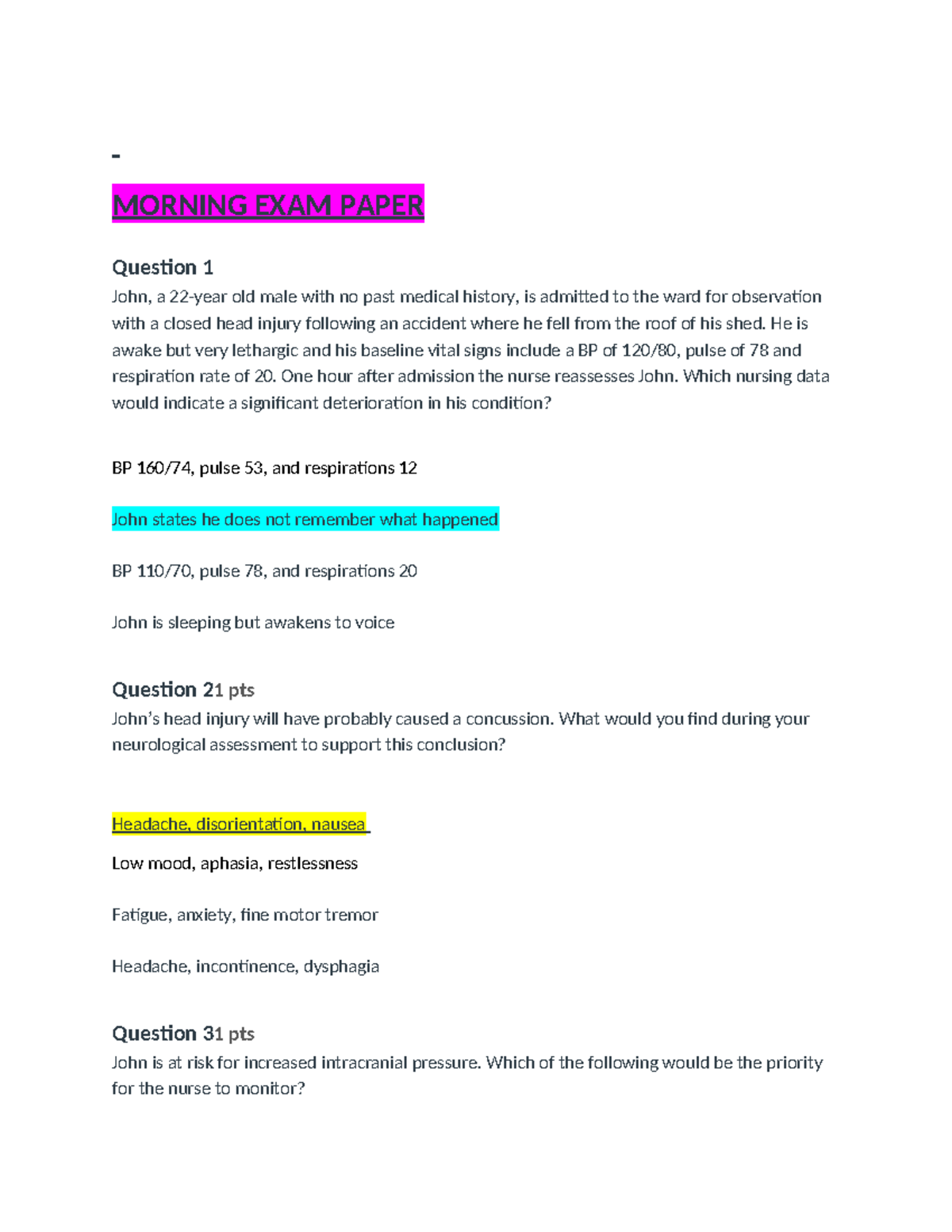 MIT Exam sample - Study Material - MORNING EXAM PAPER Question 1 John ...