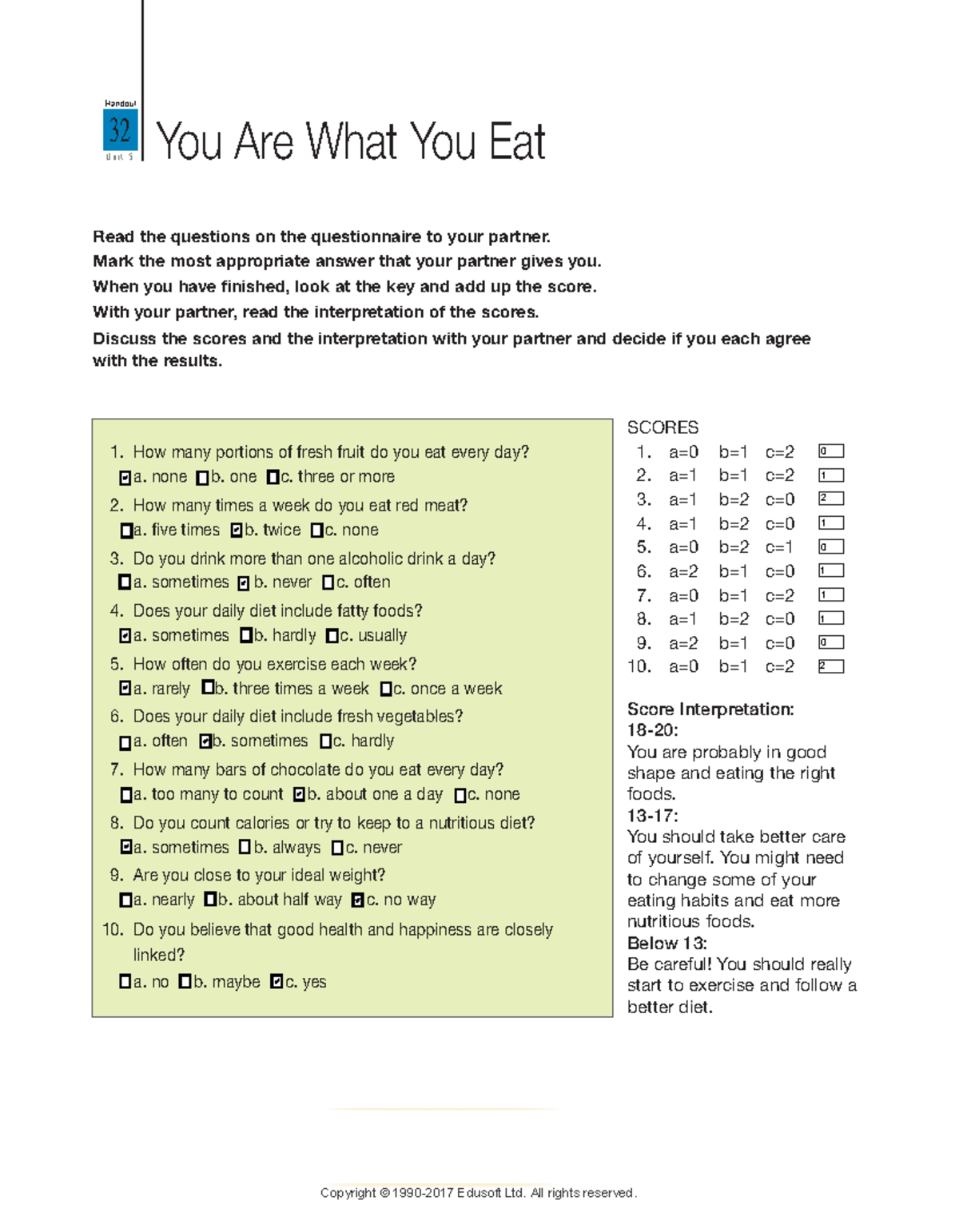 05 Intermediate III Handout 32 Unit 5 Health and Happiness You Are What ...