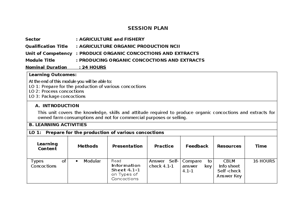 UC 4 Session PLAN Concoctions - SESSION PLAN Sector : AGRICULTURE and ...