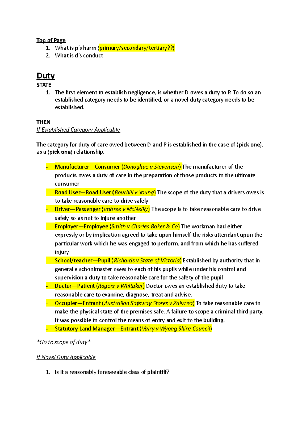 Torts-Exam-Formula - torts answer formula - Top of Page 1. What is p’s ...