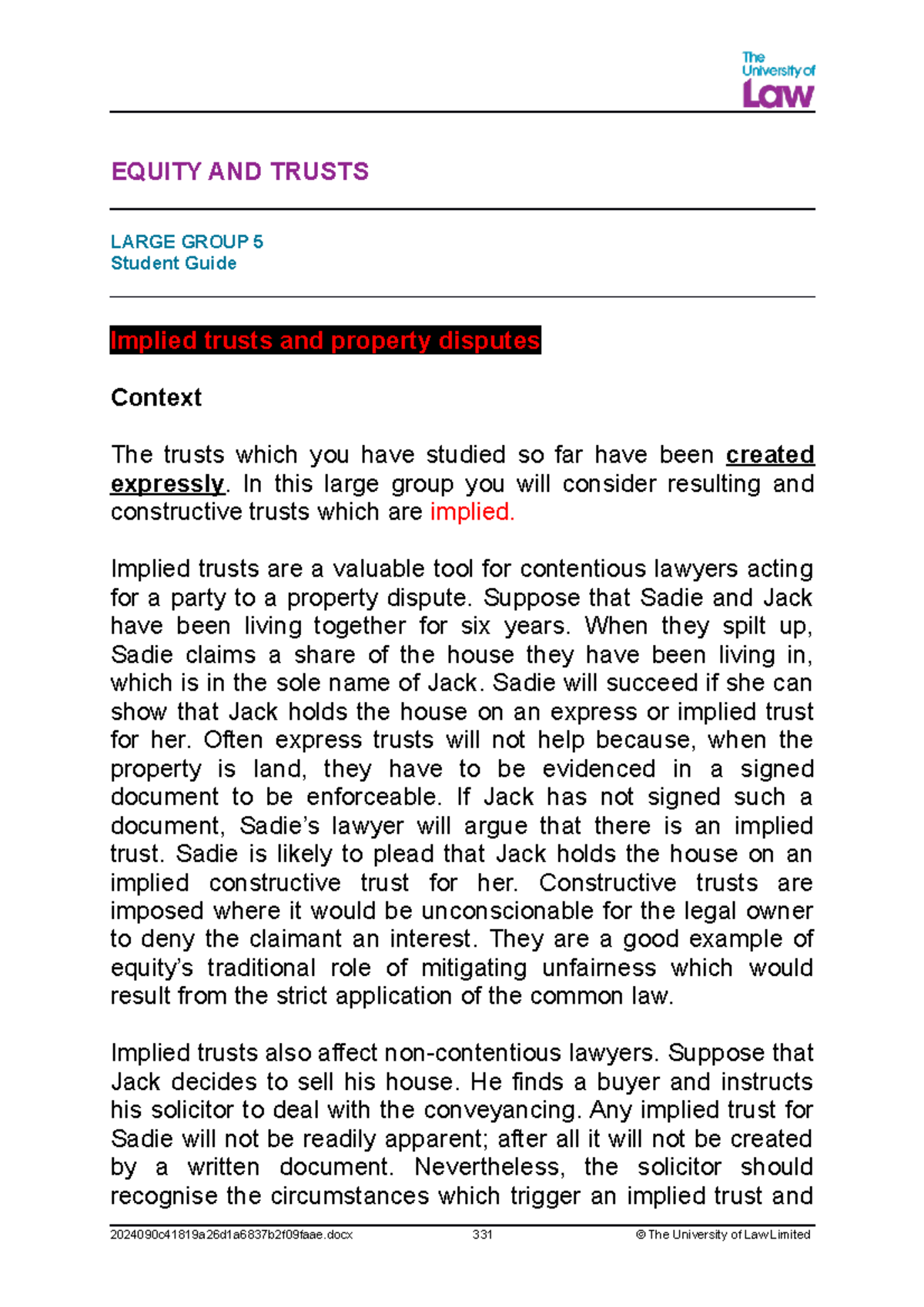 LG 5 - law - EQUITY AND TRUSTS LARGE GROUP 5 Student Guide Implied ...