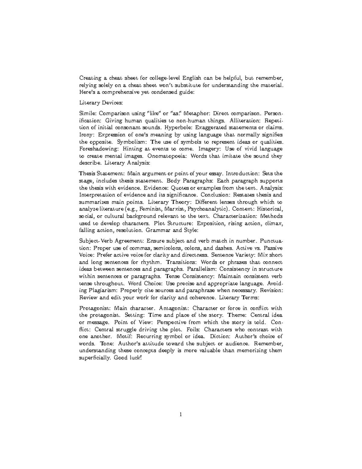 English college cheat sheet - Creating a cheat sheet for college-level ...