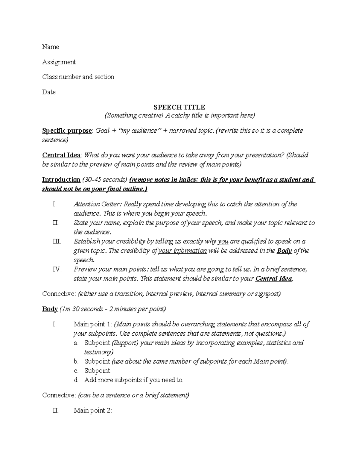 A Public Speaking Template - Name Assignment Class number and section ...