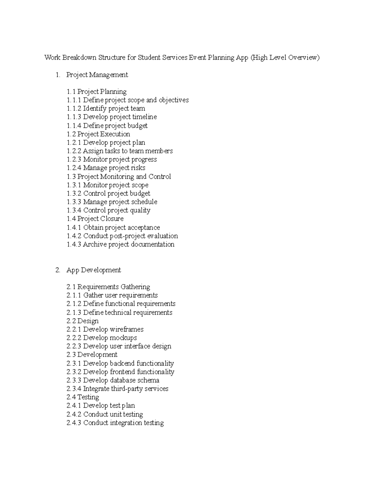 Work Breakdown Structure for Student Services Event Planning App - 1 ...