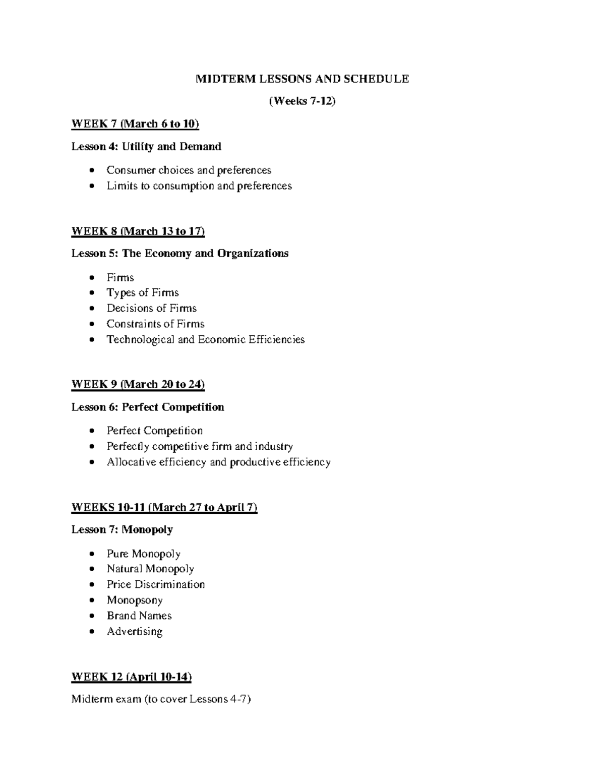 Midterm Lessons AND Schedule - MIDTERM LESSONS AND SCHEDULE (Weeks 7-12 ...