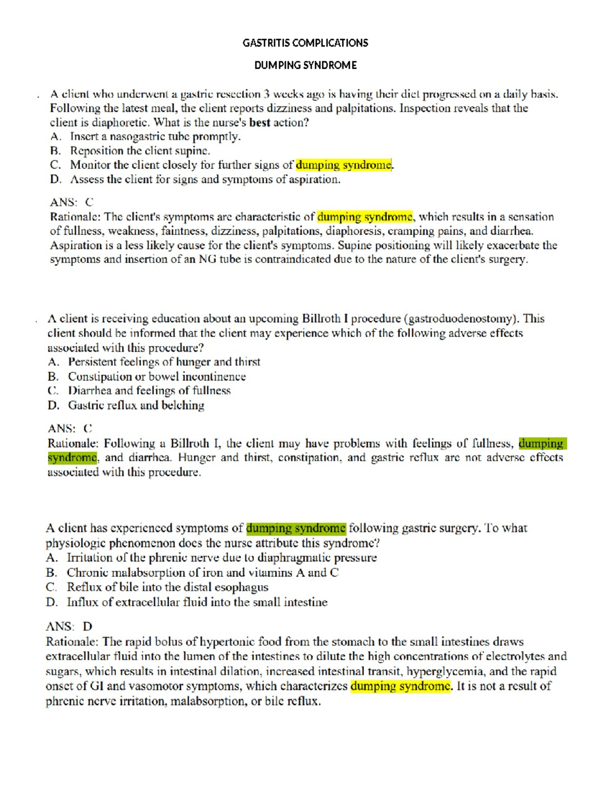 TEST BANK Questions TEST 1 - NUR2220 - GASTRITIS COMPLICATIONS DUMPING ...