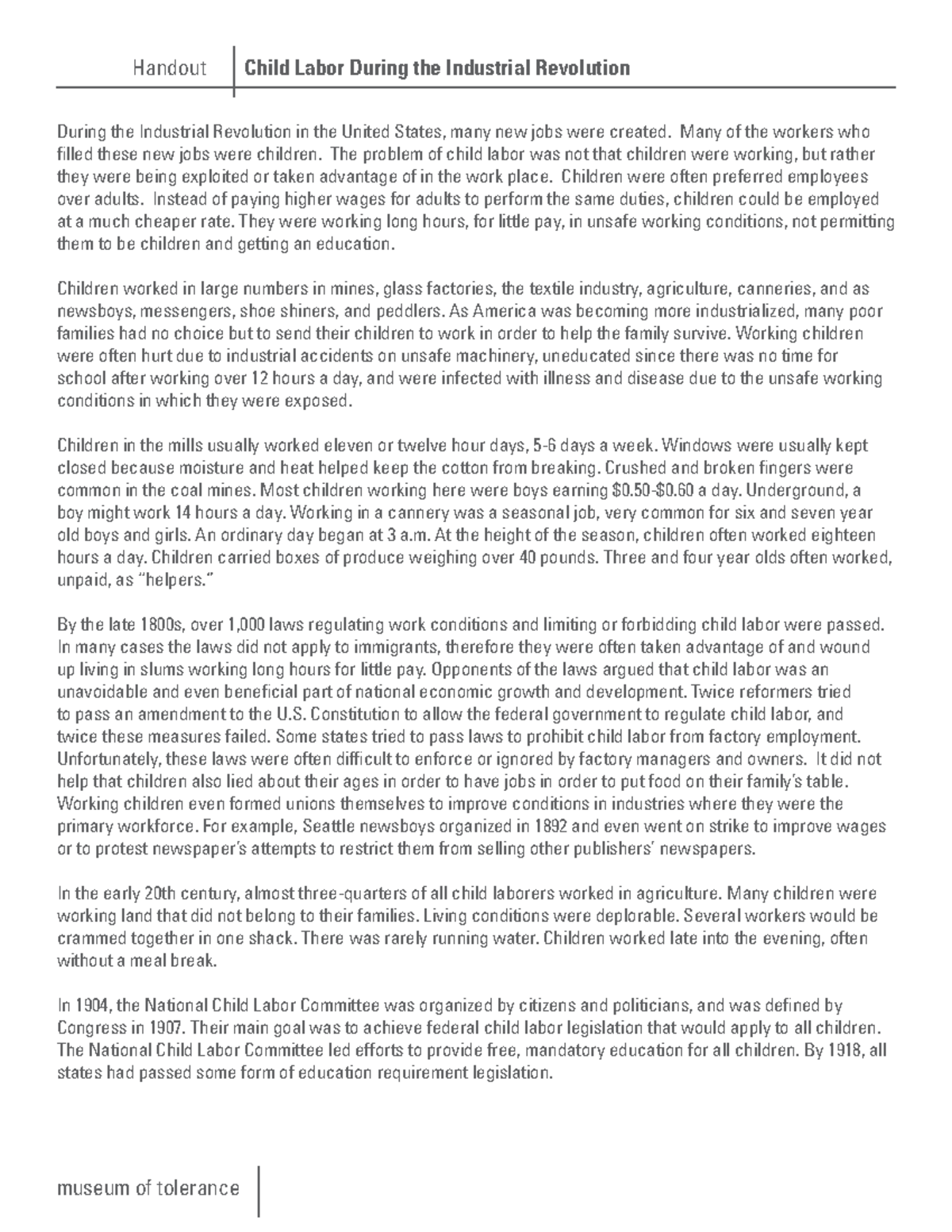 Children who labor handout 2 - Handout Child Labor During the ...