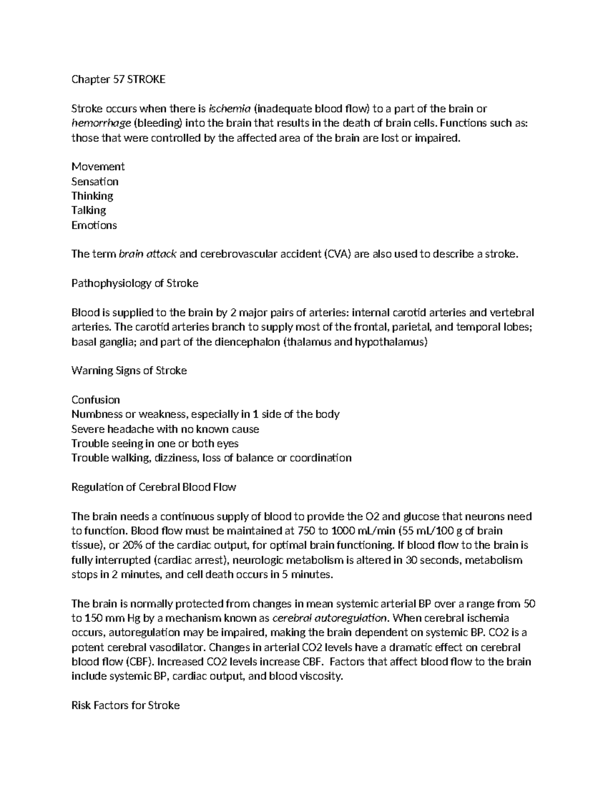 Chapter 57 Stroke - Lecture notes - Chapter 57 STROKE Stroke occurs ...