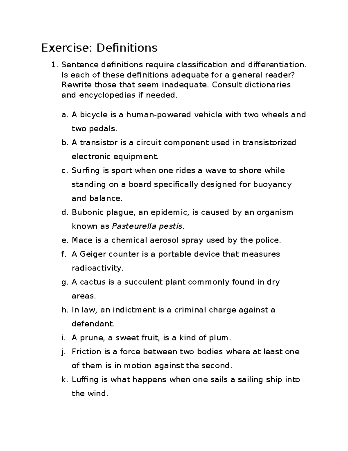Exercise - Definitions - Exercise: Definitions Sentence definitions ...