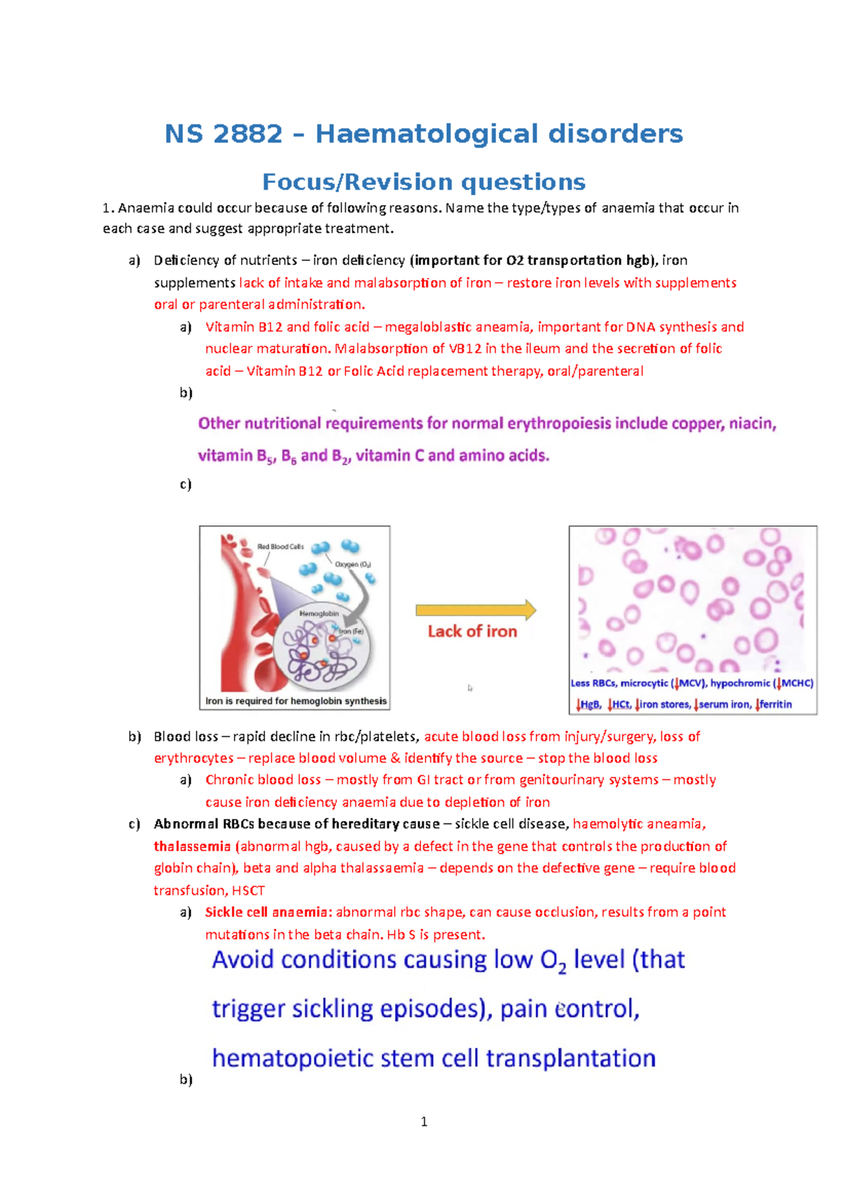 Tutorial 3 - Haematology pathophysiology practice exam questions - NS ...