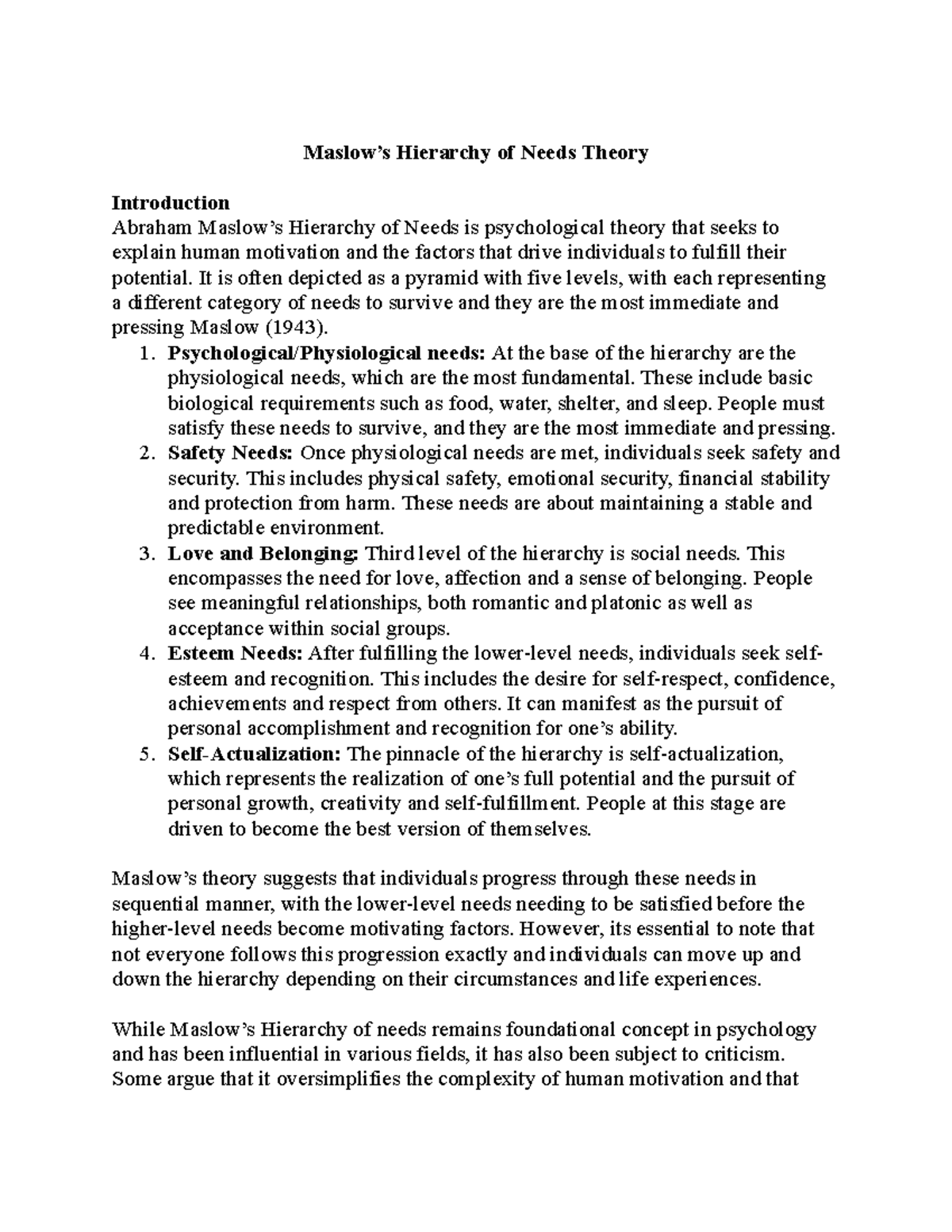 My Essay for Psychology of Organization - Maslow’s Hierarchy of Needs ...