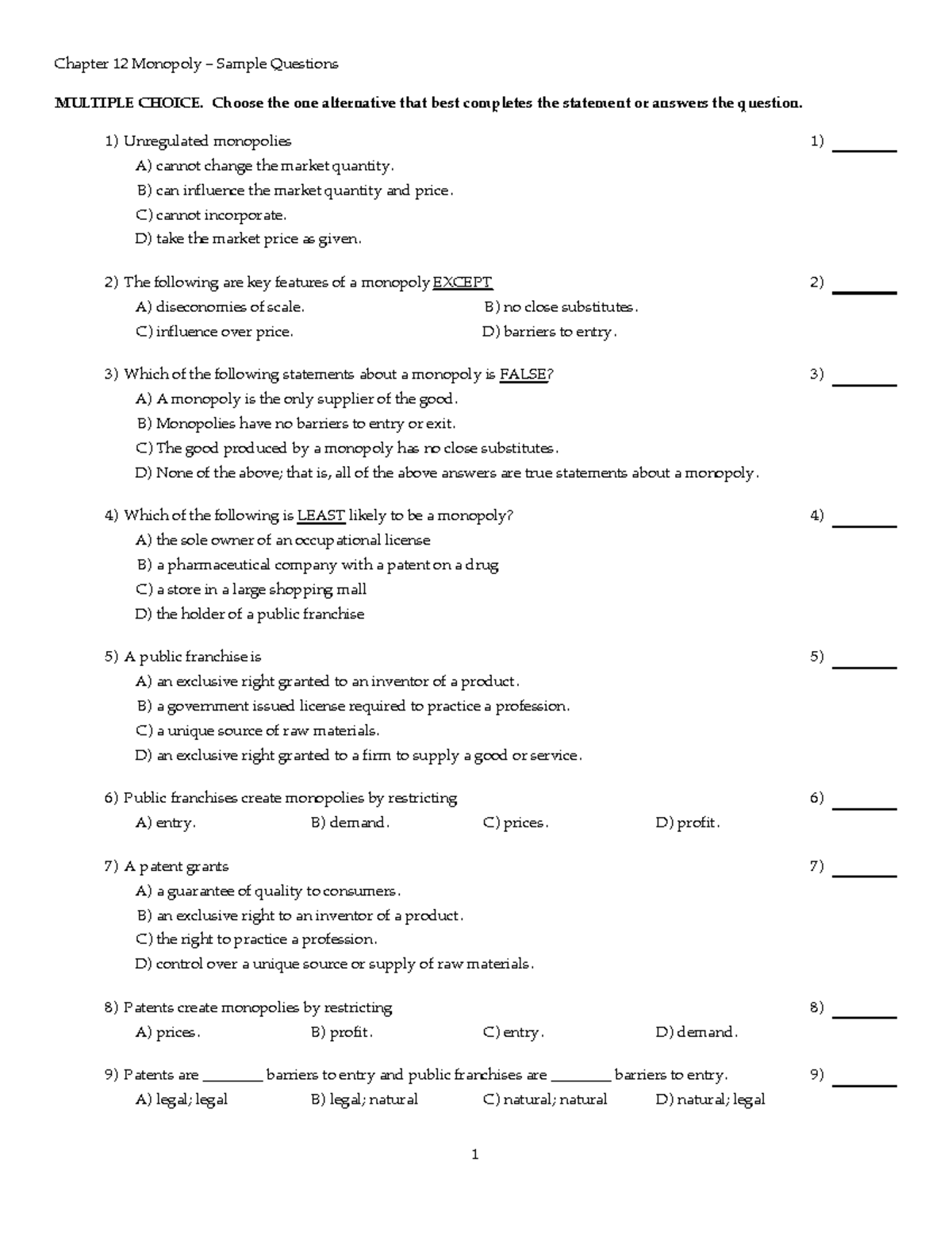 Chap 12 MC for the pratice materials risk - Chapter 12 Monopoly ...