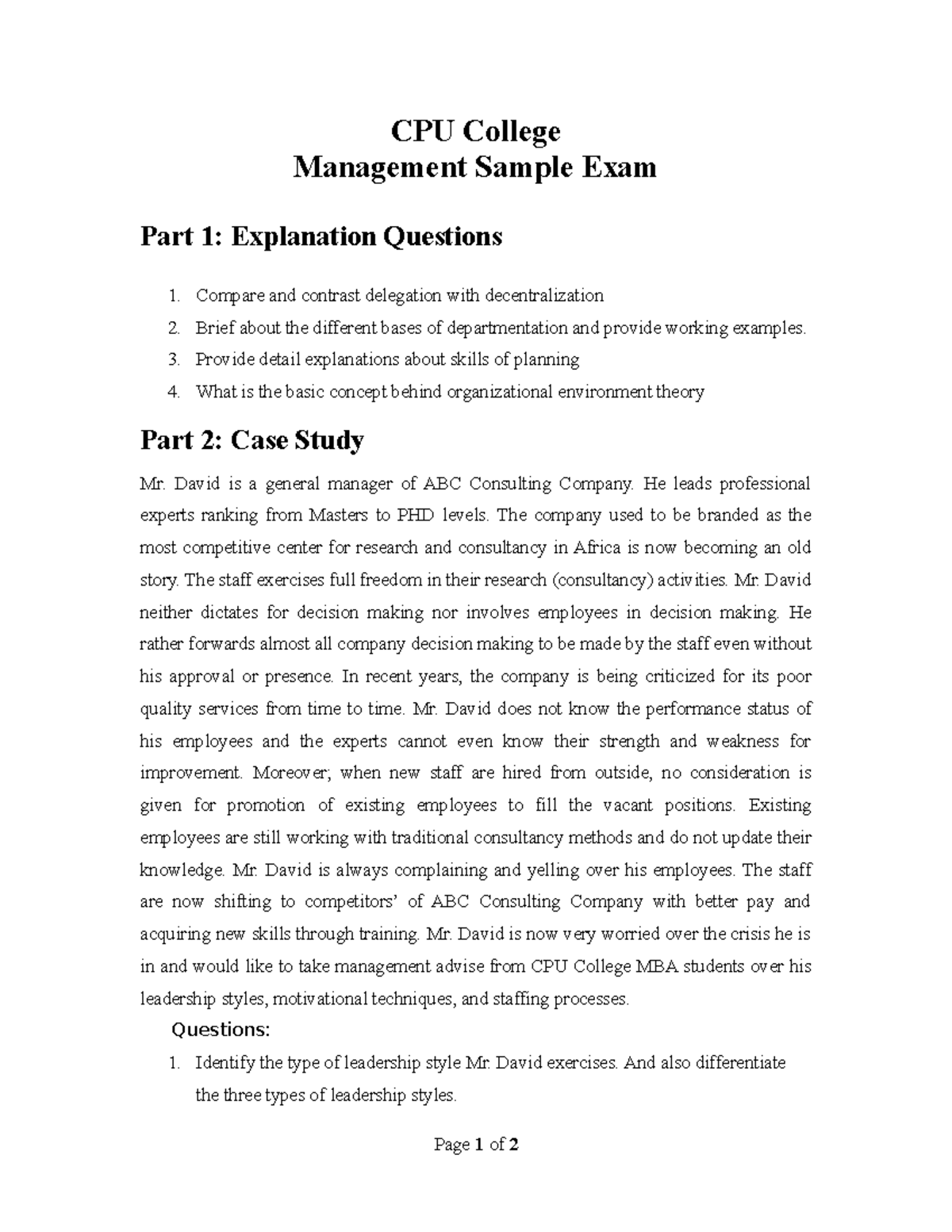 Sample Management Exam - CPU College Management Sample Exam Part 1 ...