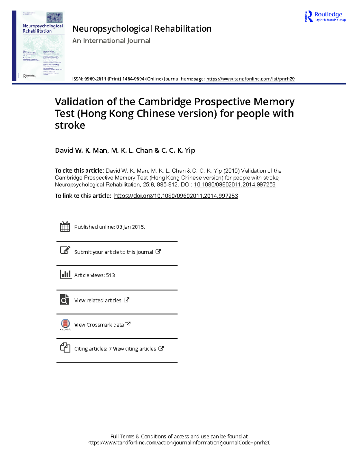Validation of the Cambridge Prospective Memory Test Hong Kong Chinese ...