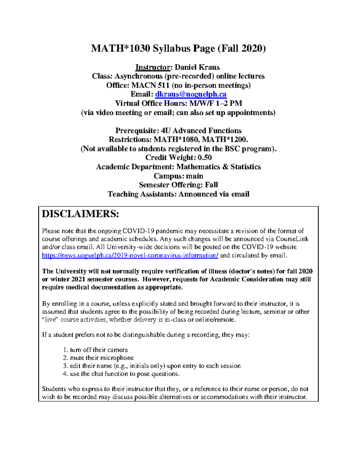 Math1030 outline F20 - MATH*1030 Syllabus Page (Fall 2020) Instructor ...