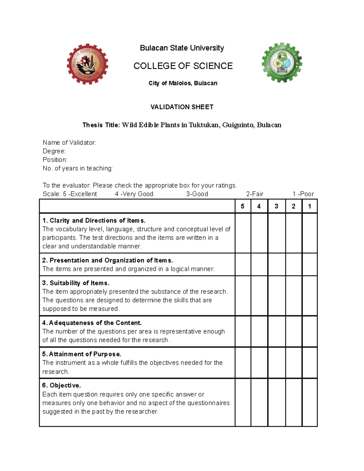 Validation- Sheet-1 - Bulacan State University COLLEGE OF SCIENCE City ...