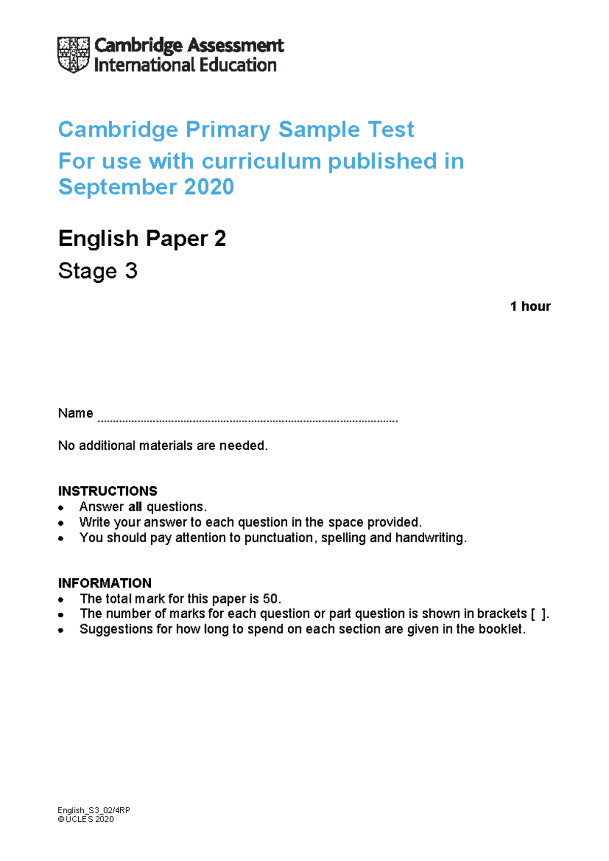 English Stage 3 Sample Paper 2 tcm142-594873 - English_S3_02/4RP ...