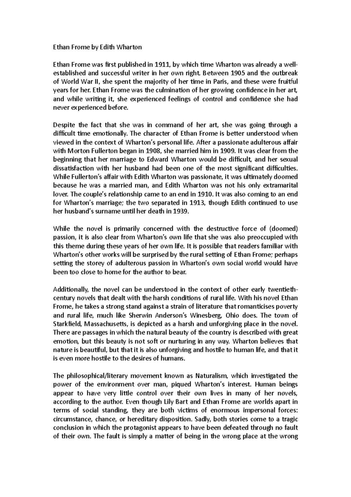 Ethan Frome by Edith Wharton - Between 1905 and the outbreak of World ...