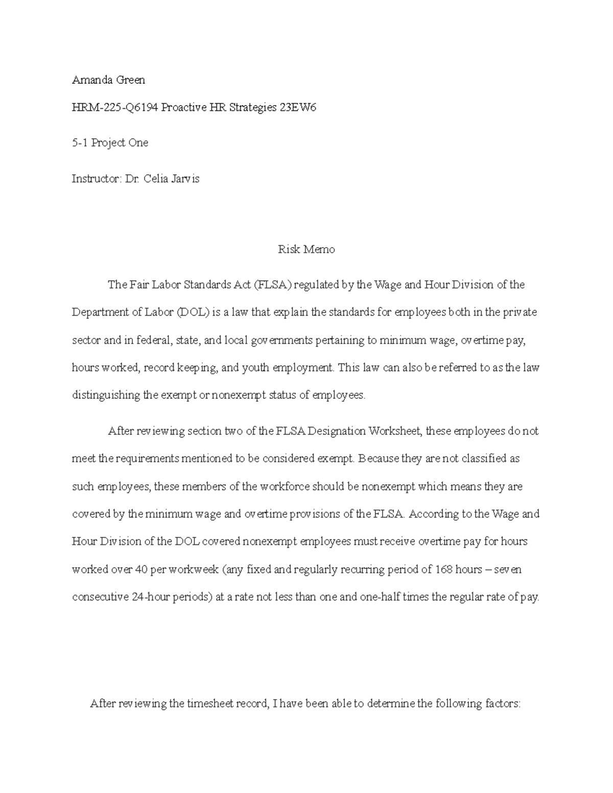 5-1 Project One Risk Memo - Amanda Green HRM-225-Q6194 Proactive HR ...