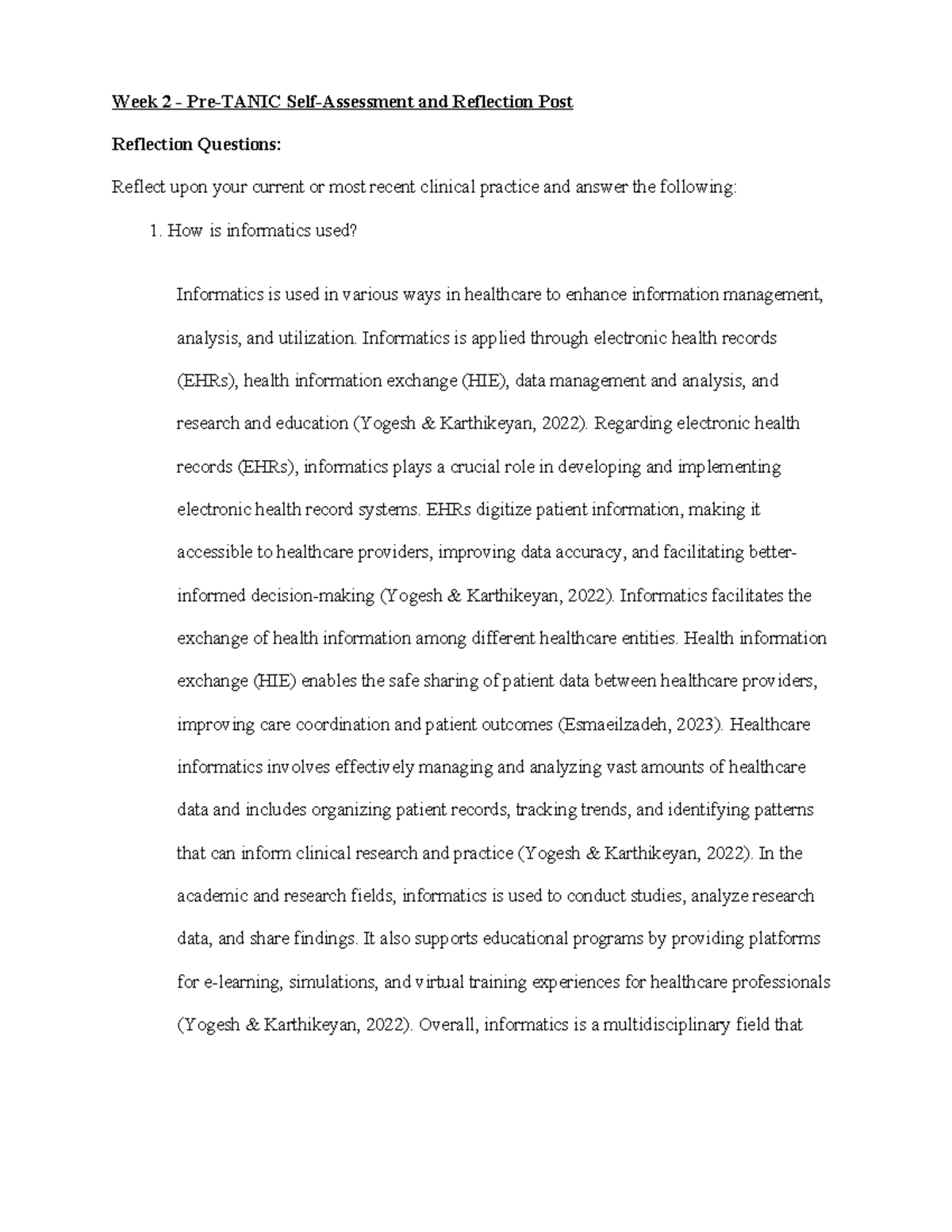 Week 2 - Pre Tanic Self-Assessment and Reflection Post - Week 2 - Pre ...