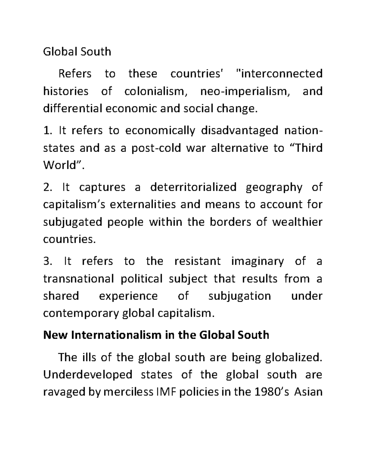 Global South - NOTES - Global South Refers to these countries ...
