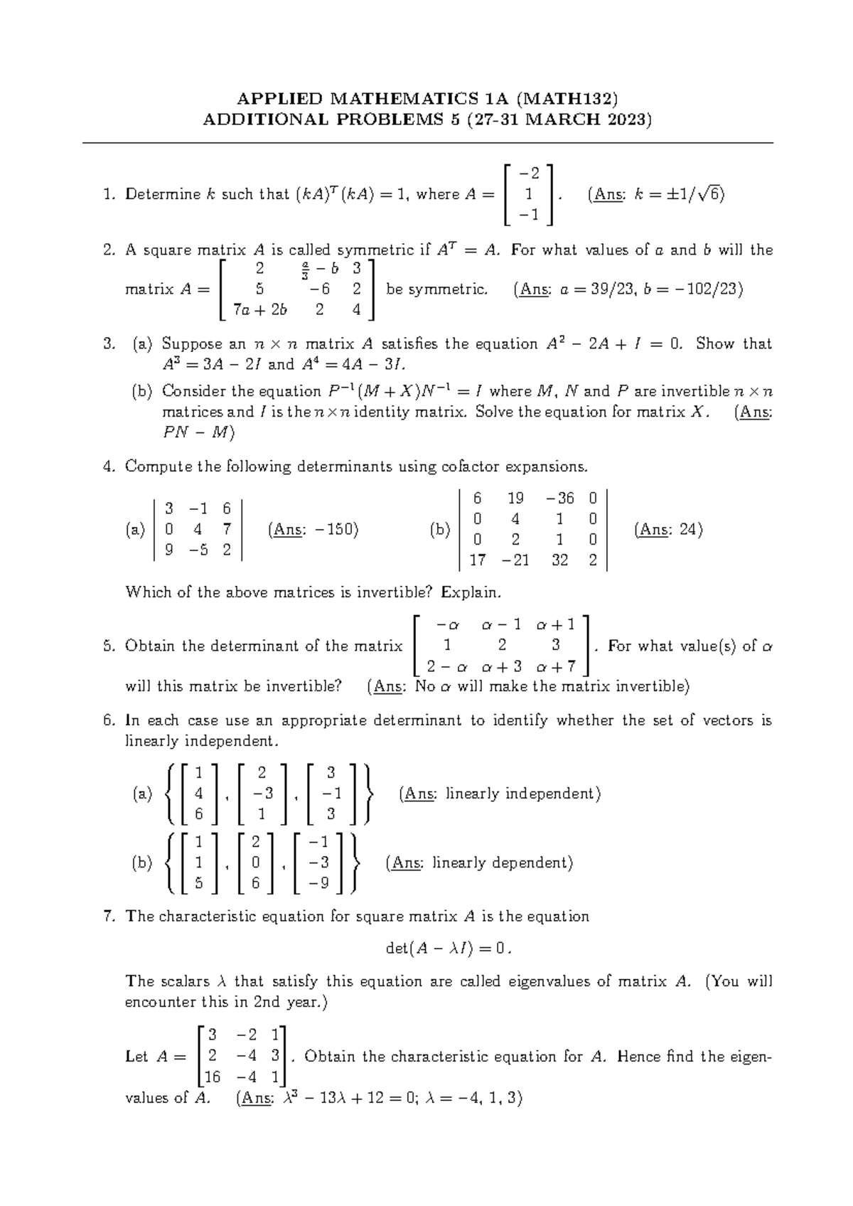 Additional Problems 5 - linear algebra - APPLIED MATHEMATICS 1A ...