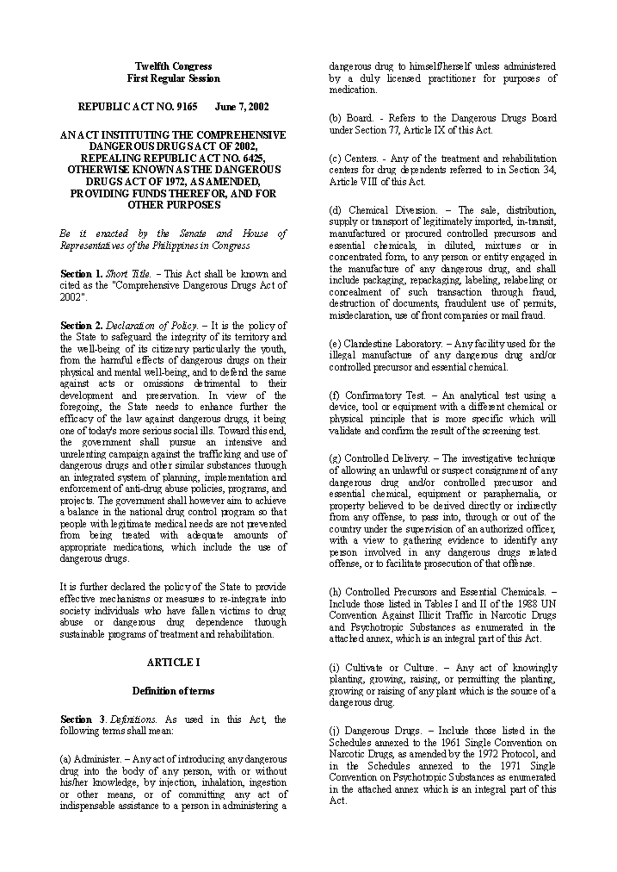 Drugs - drug act - Twelfth Congress First Regular Session REPUBLIC ACT ...