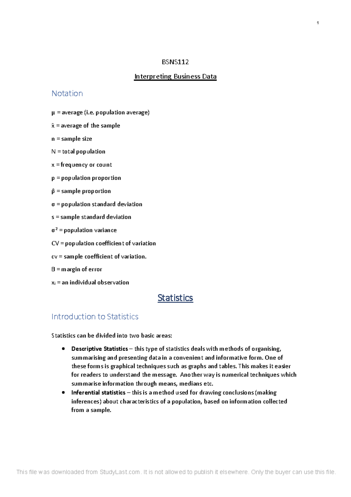 BSNS112 Symbols & Formulas - BSNS Interpreting Business Data Notation μ = average (i. population ...