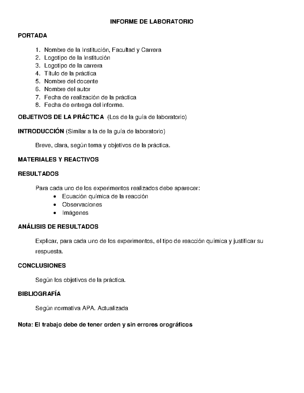 Estructura DEL Informe DE Laboratorio - INFORME DE LABORATORIO PORTADA Nombre de la Institución ...