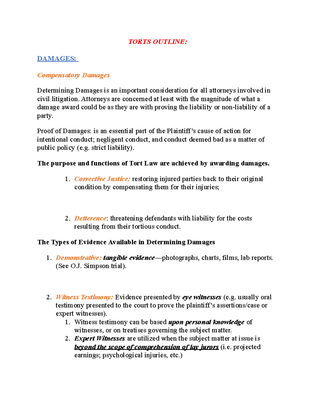 Torts Outline (Negligence) - TORTS OUTLINE: DAMAGES: Compensatory ...