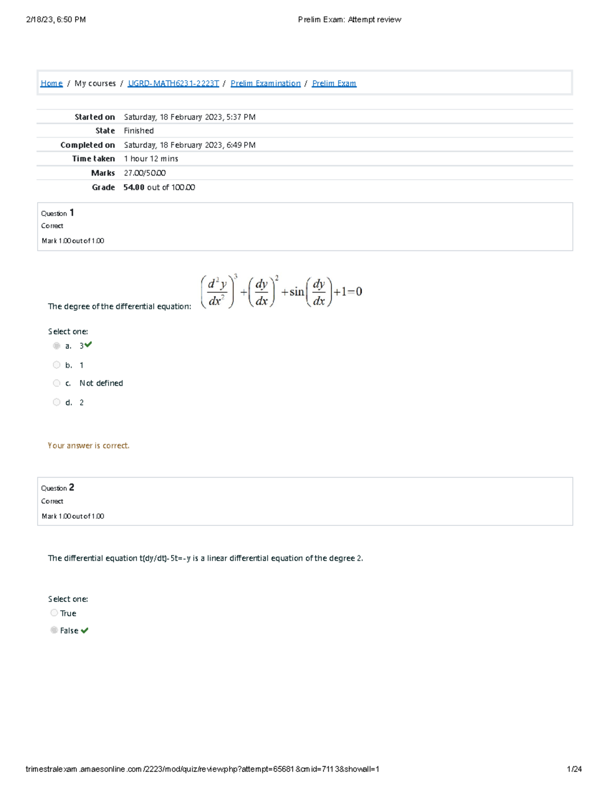 Prelim Exam Attempt review - Home / My courses / UGRD-MATH6231-2223T / Prelim Examination ...