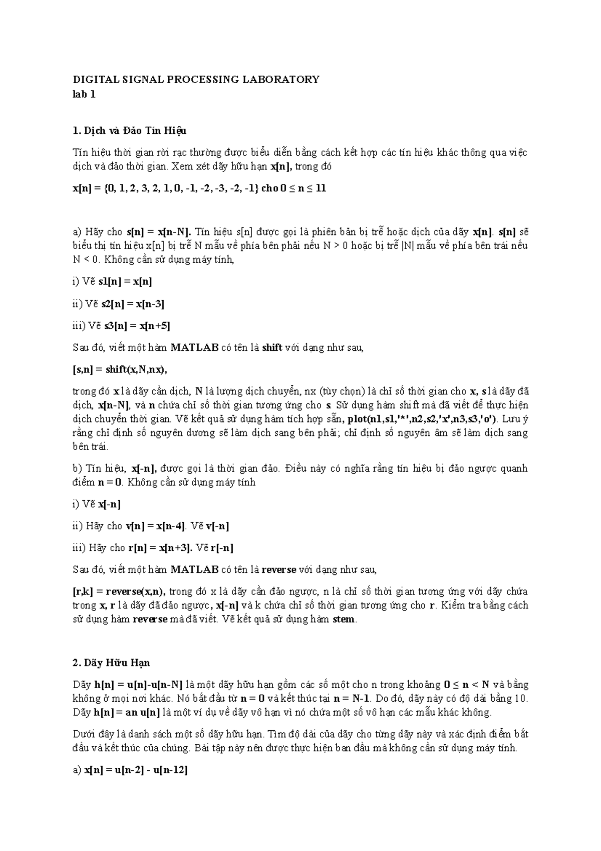 Digital Signal Processing Laboratory 1 - DIGITAL SIGNAL PROCESSING LABORATORY lab 1 Dịch và Đảo ...