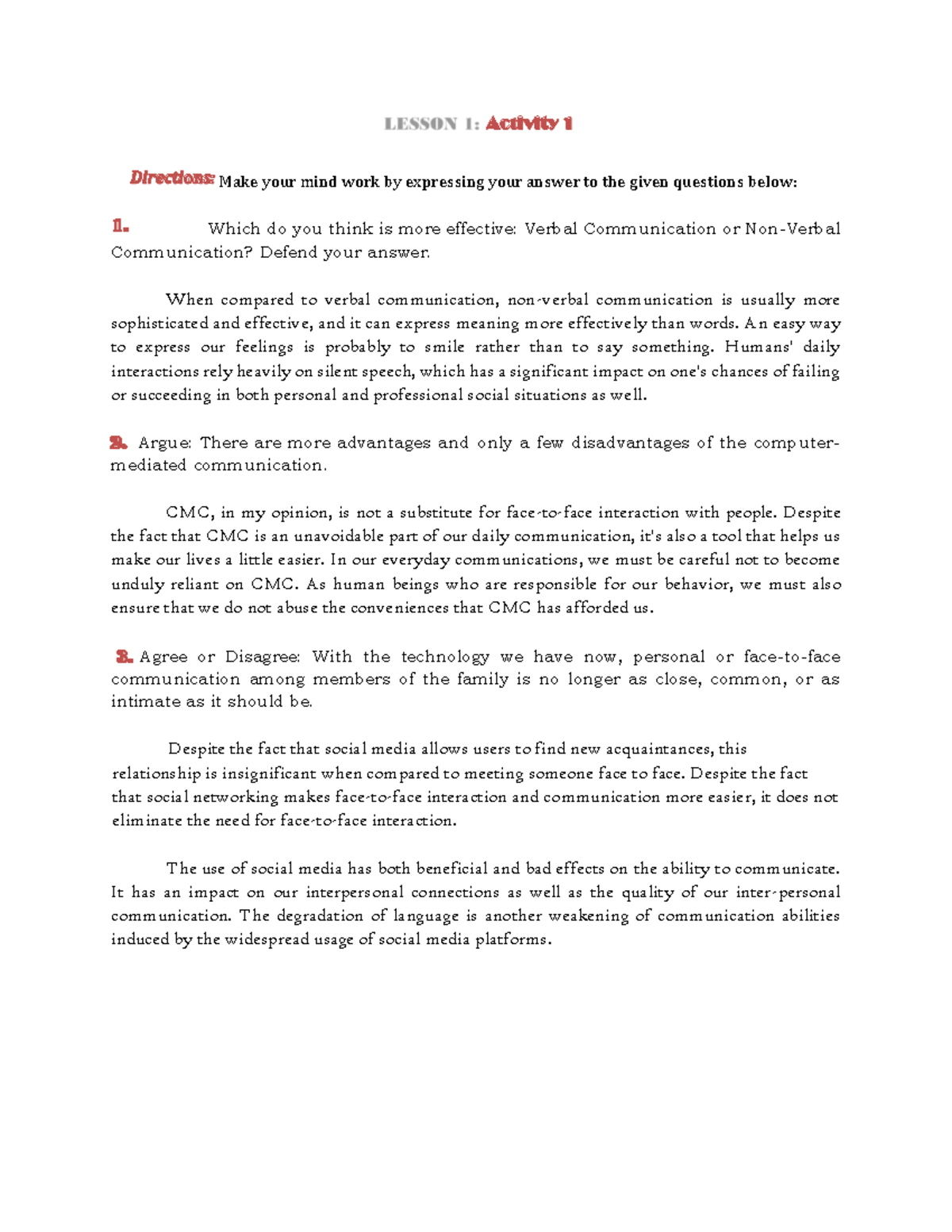 Communication ( Essay) - Activity 1 - Make your mind work by expressing ...