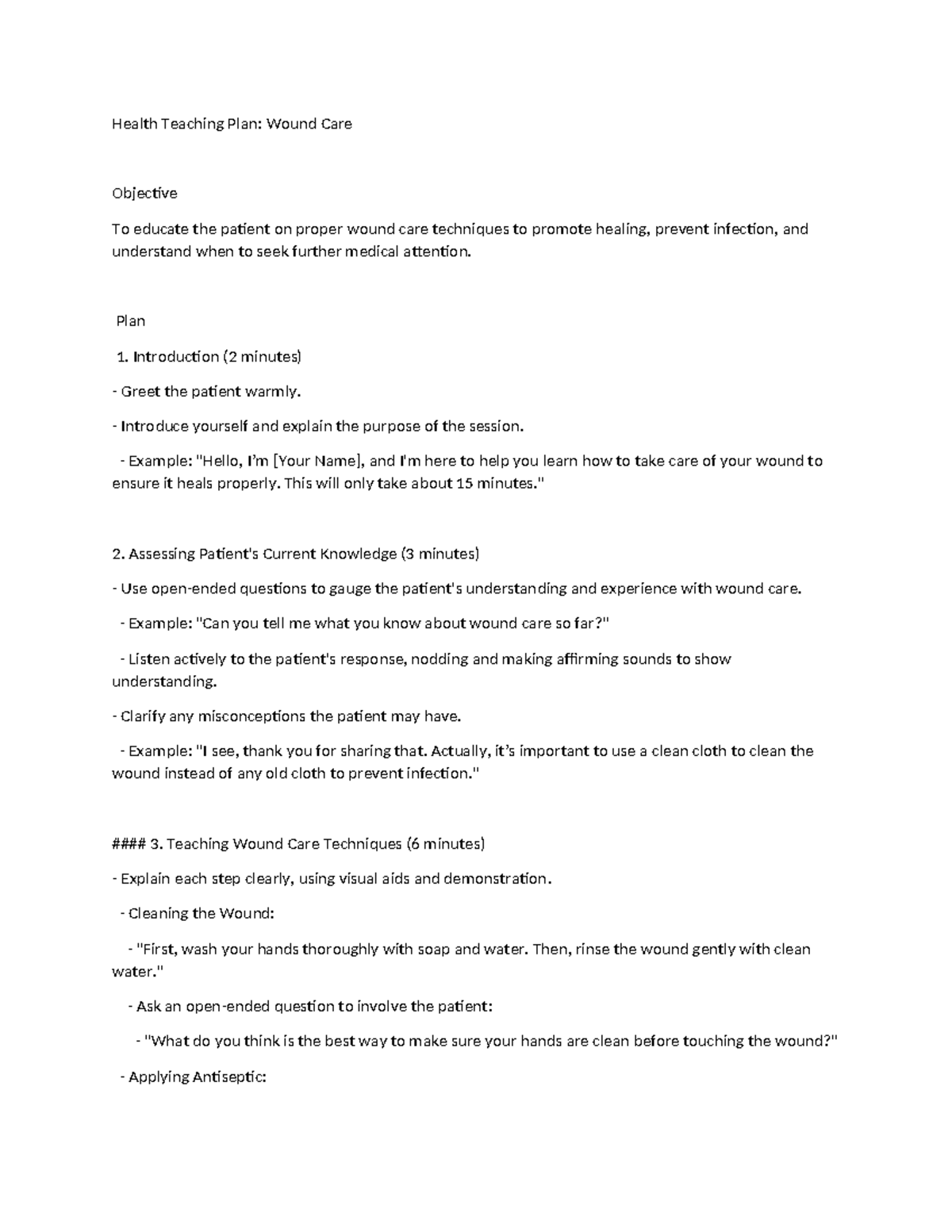 Health Teaching Plan - Plan 1. Introduction (2 minutes) Greet the ...