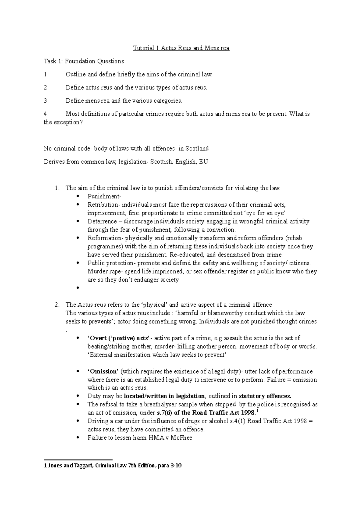 Tutorial 1 Actus Reus and Mens rea - Define actus reus and the various ...
