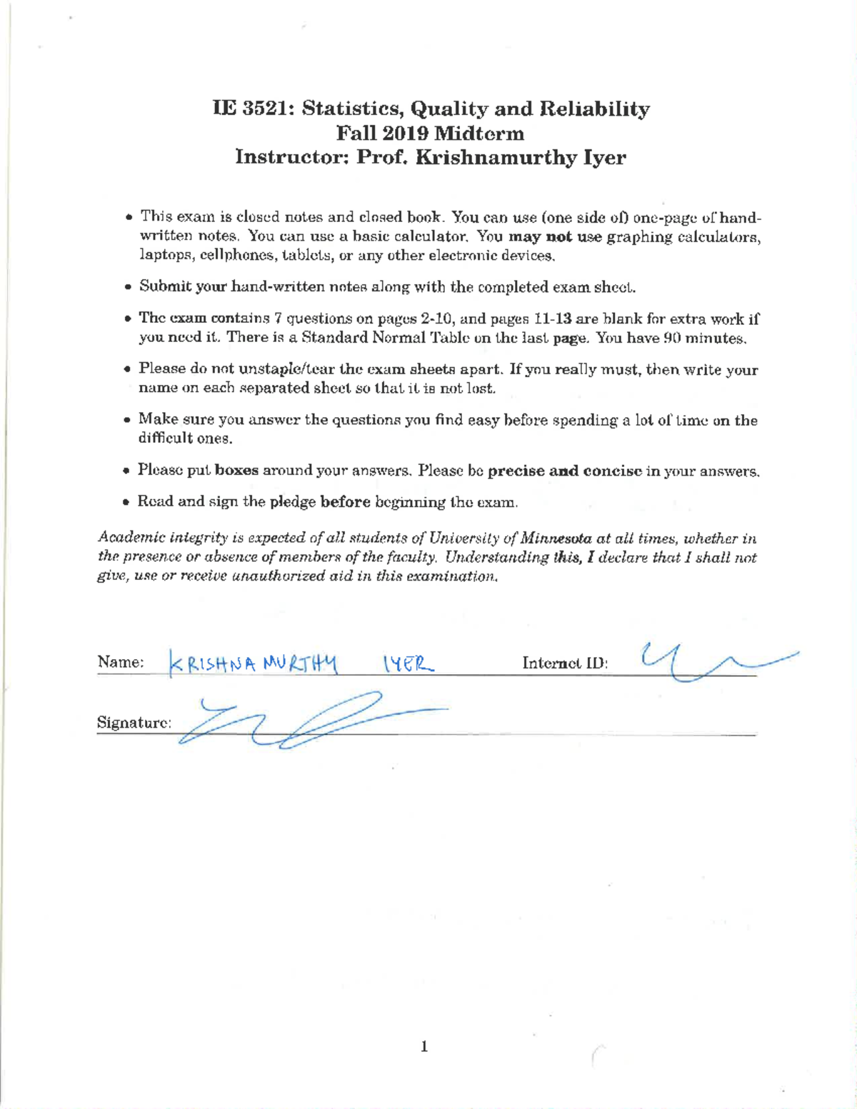 Practice Midterm Solutions - IE 3521: Statistics, Quality and Reliability Fall 2019 Midterm ...