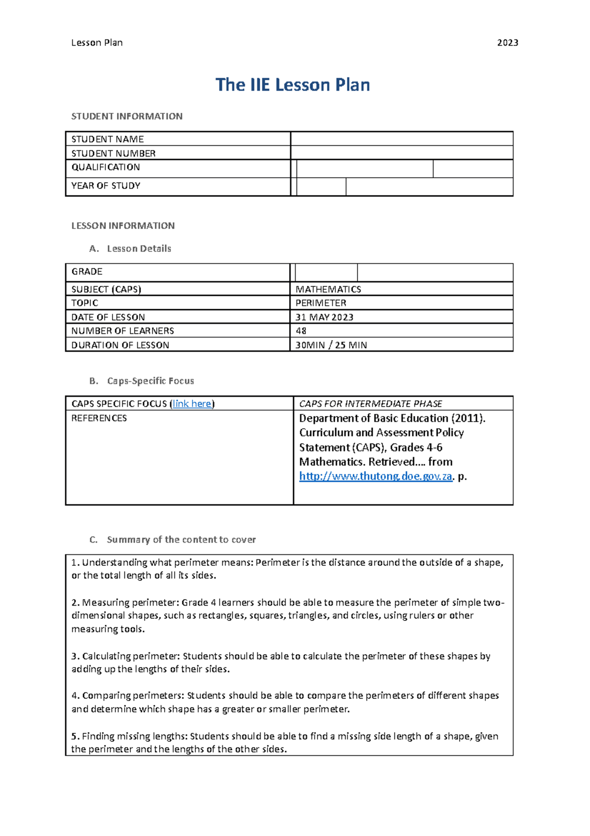 The IIE Lesson Plan - The IIE Lesson Plan STUDENT INFORMATION STUDENT ...