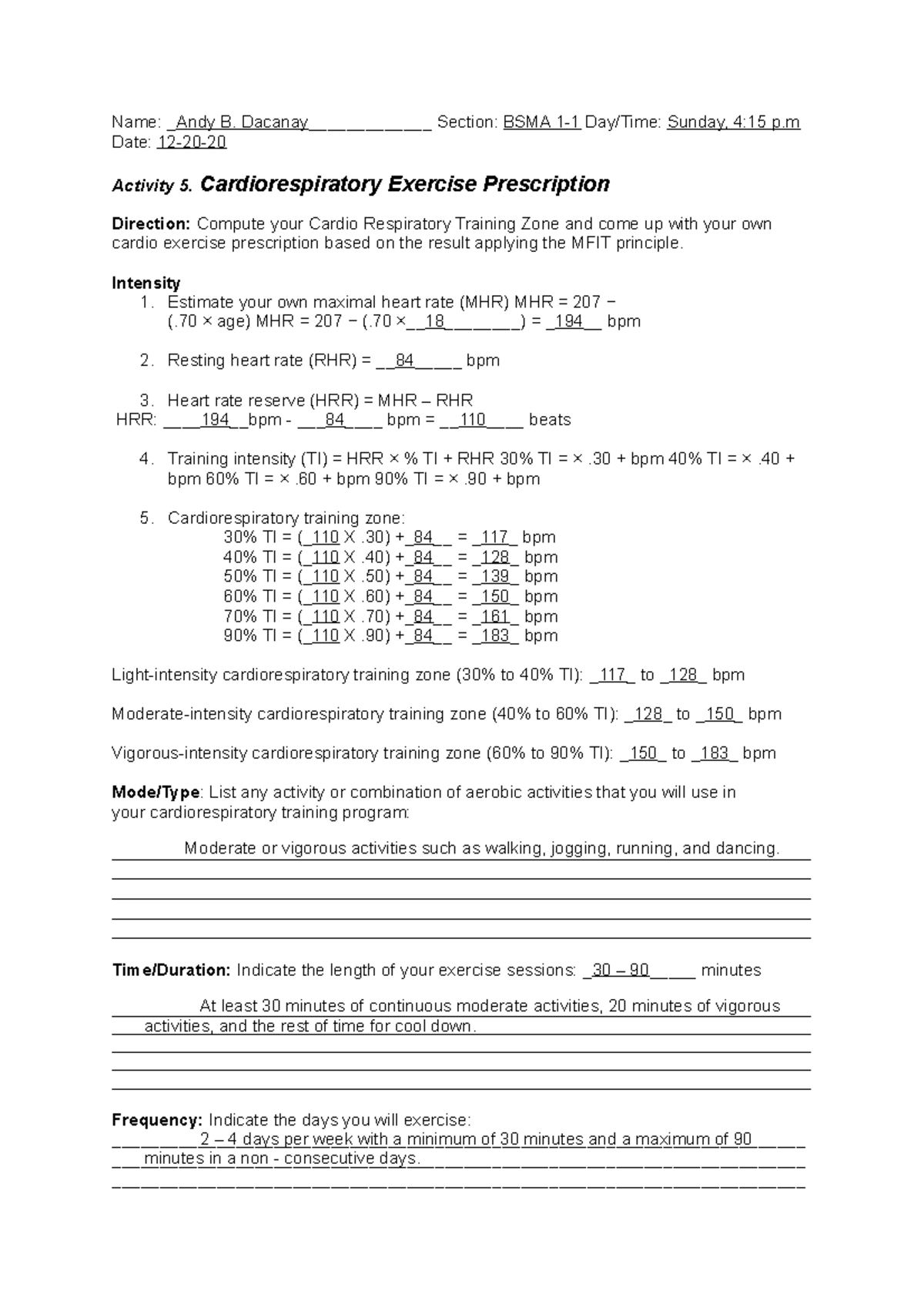 Activity 5 - Cardiorespiratory Exercise Prescription - Assignment in ...
