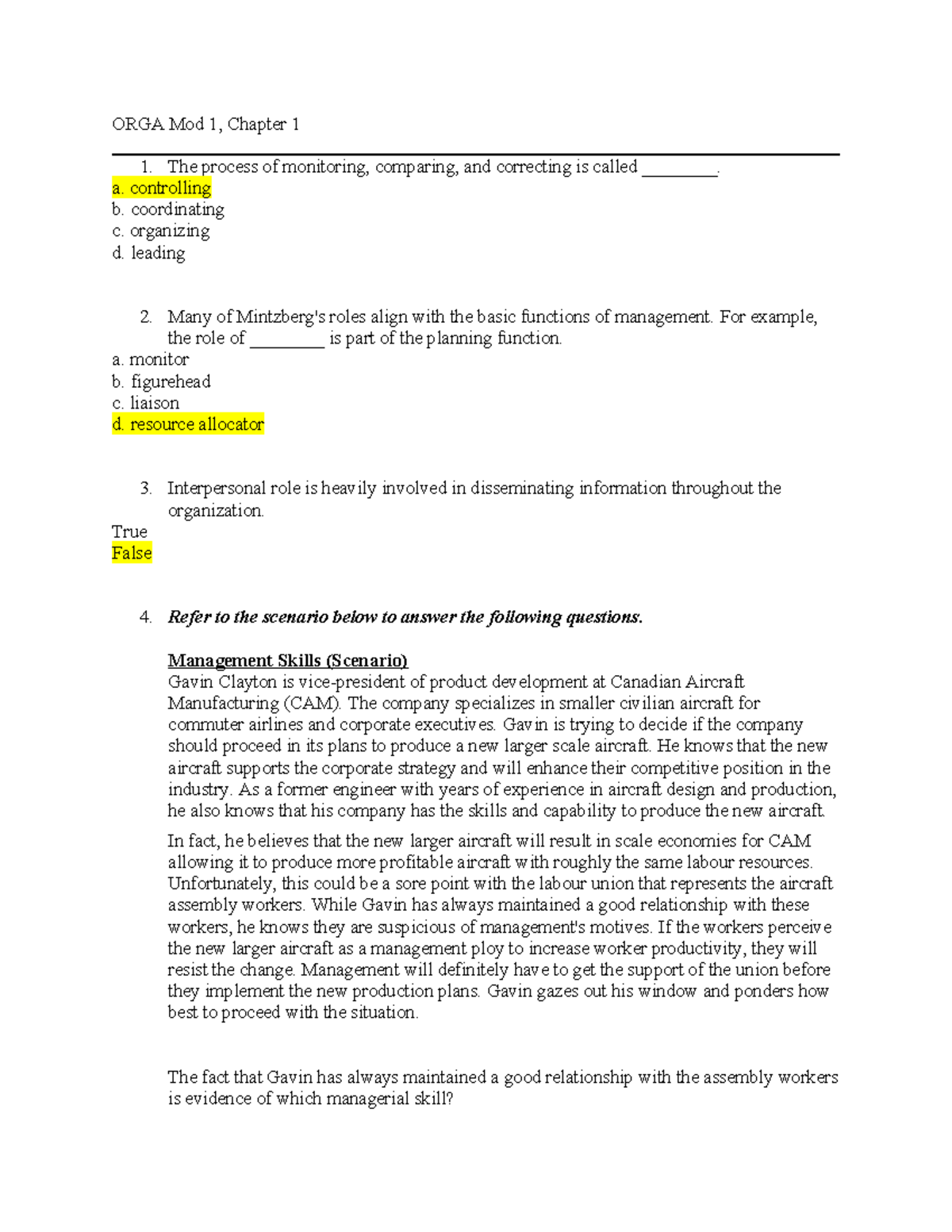 ORGA Mod 1, Quiz 1 - Practice questions for Mod 1 - ORGA Mod 1, Chapter ...