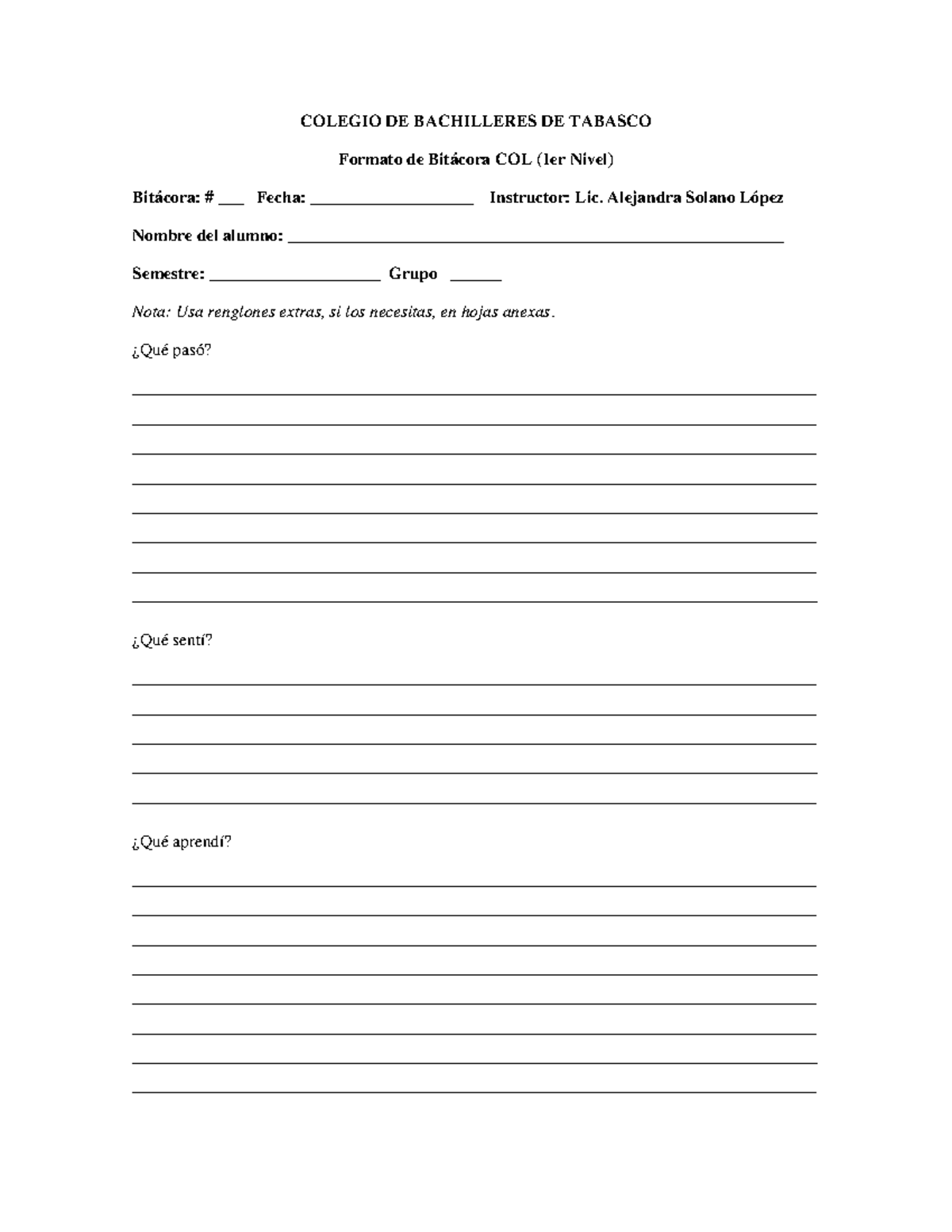 Formato Bitácora - Hoja de bitácora - COLEGIO DE BACHILLERES DE TABASCO ...