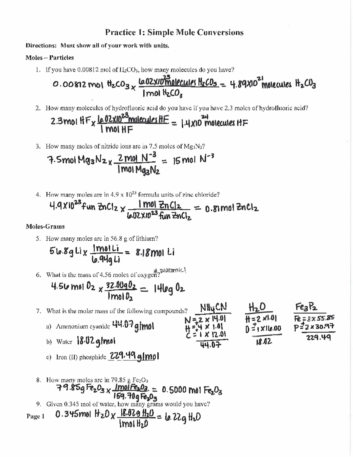 KEY Practice 1 - Mole Conversion WS - Practice 1: Simple Mole ...