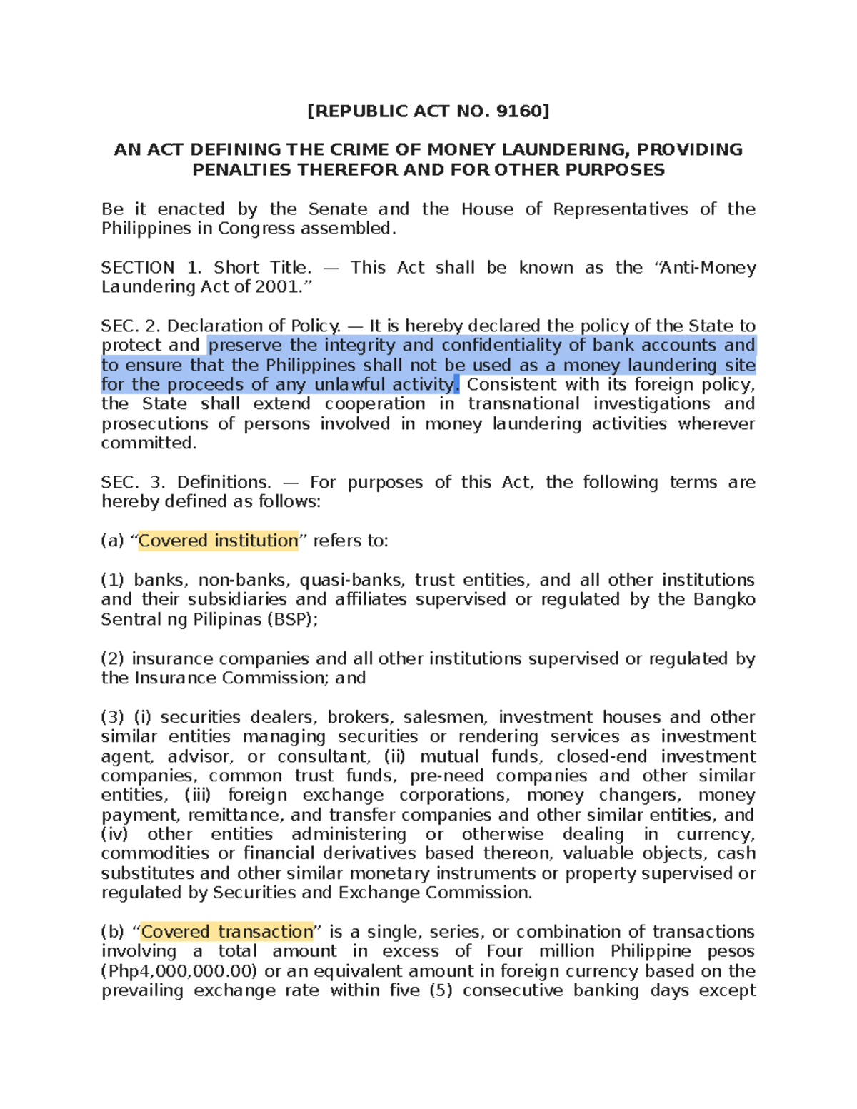 Ra 9160 - Anti-Money Laundering Act of 2001 (AMLA) - [REPUBLIC ACT NO ...