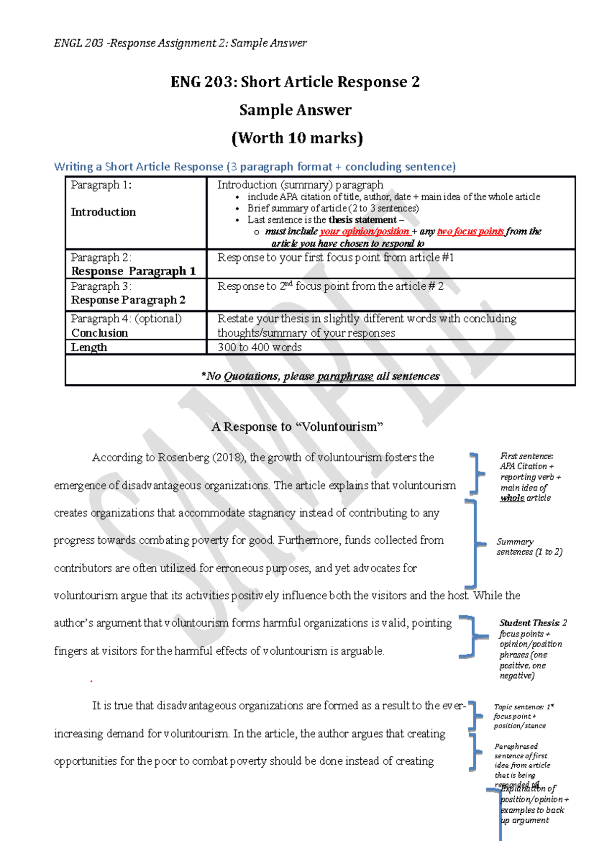 Annotated Sample Short Response - ENGL 203 -Response Assignment 2: Sample Answer ENG 203: Short ...