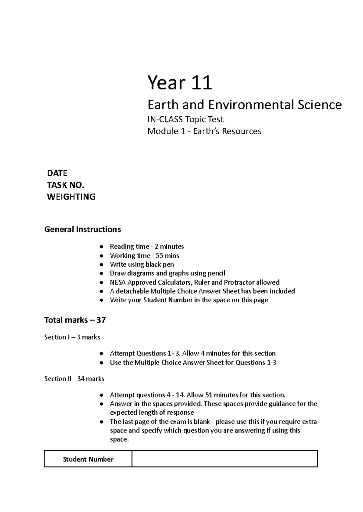 Module 1 topic test Earth and Environmental Science (EES) - Year 11 ...