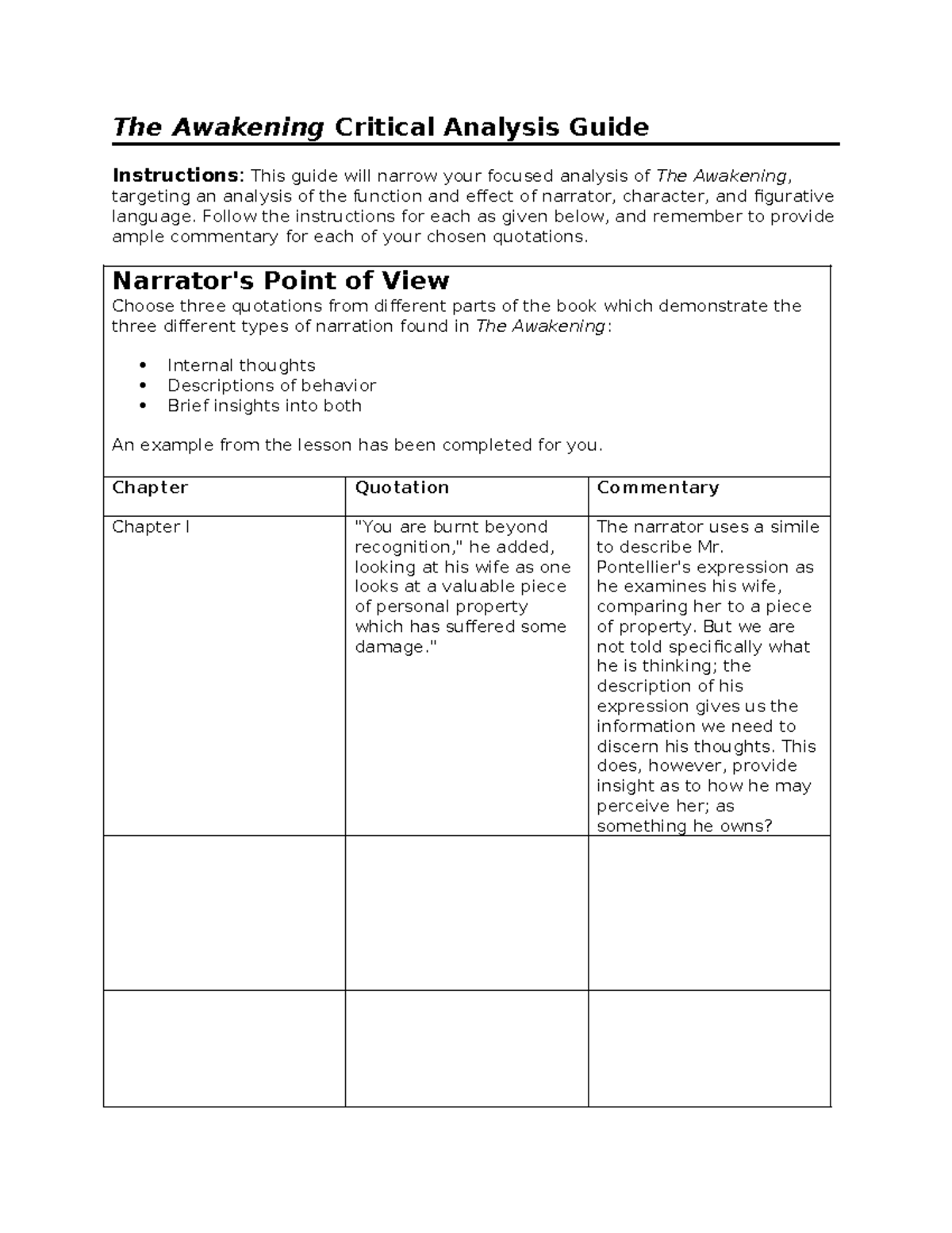 English excerpts - The Awakening Critical Analysis Guide Instructions ...