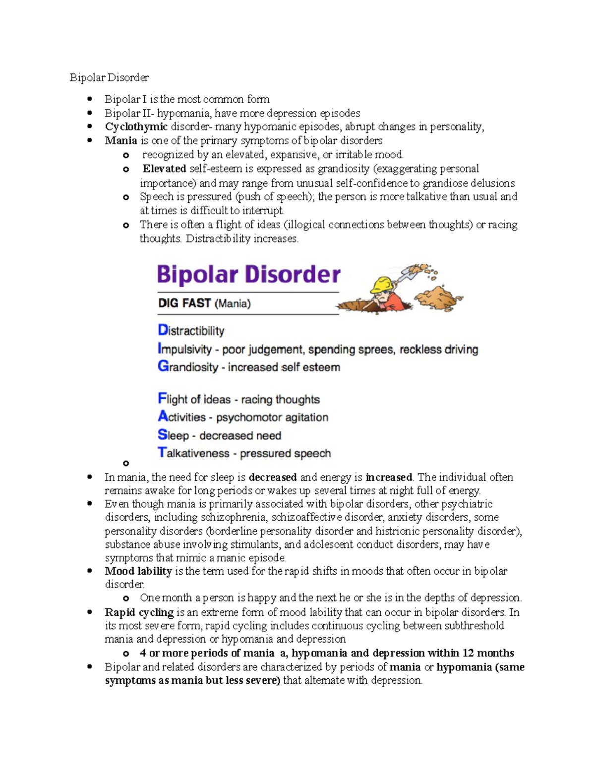 Bipolar Disorder - notes - Bipolar Disorder Bipolar I is the most ...