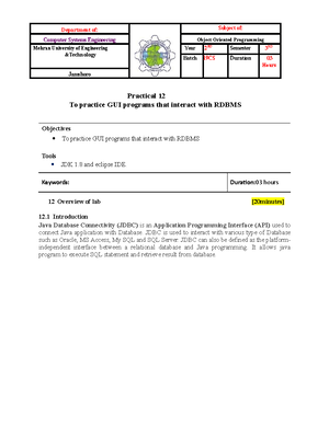 Lab 14 - oop lab - Department of: Subject of: Computer Systems Engineering Object Oriented - Studocu