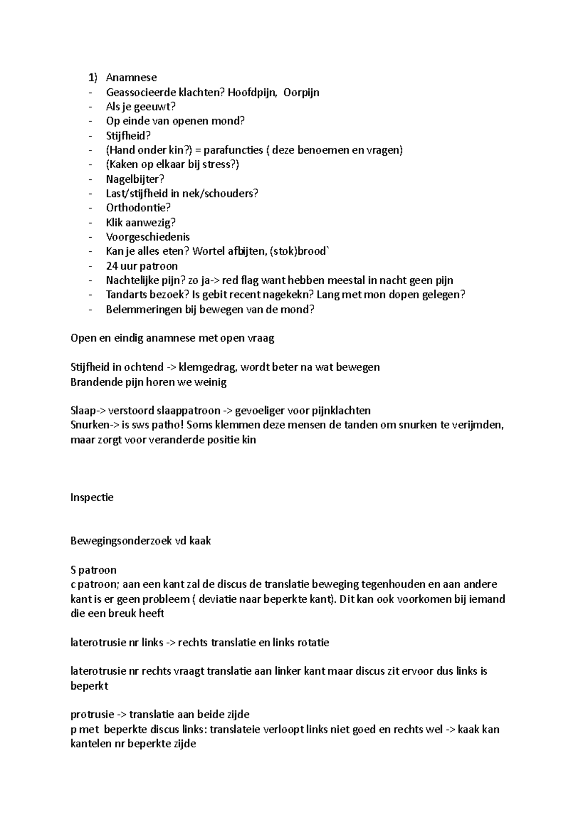 TMJ - notities praktijkles TMJ - Anamnese Geassocieerde klachten ...