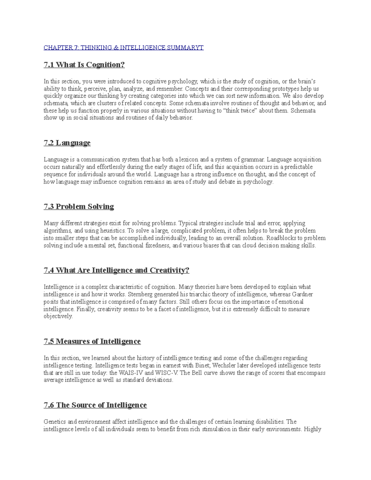 CH 7 Summary - CHAPTER 7: THINKING & INTELLIGENCE SUMMARYT 7 What Is ...