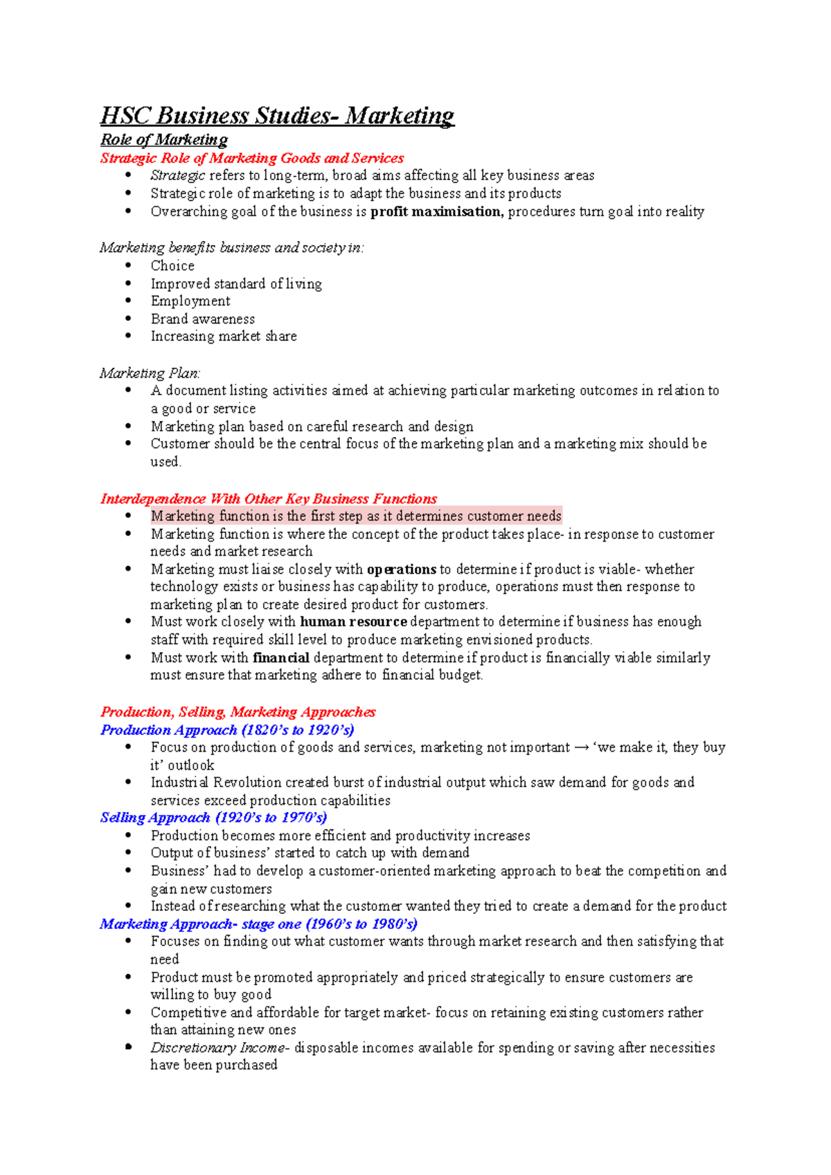 Notes - Marketing - HSC Business Studies- Marketing Role of Marketing ...
